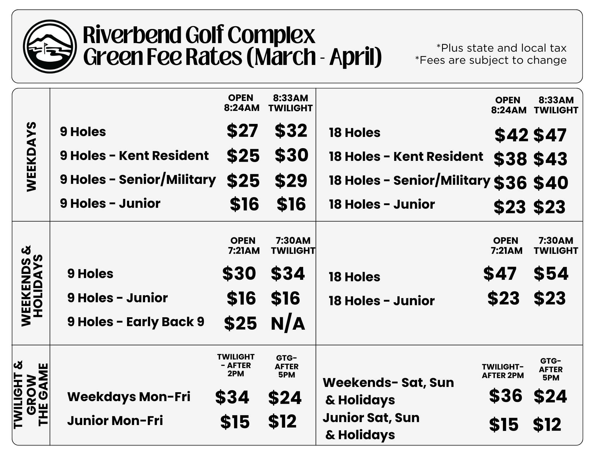 GREEN FEES AND RENTAL RATES - Riverbend Golf Complex